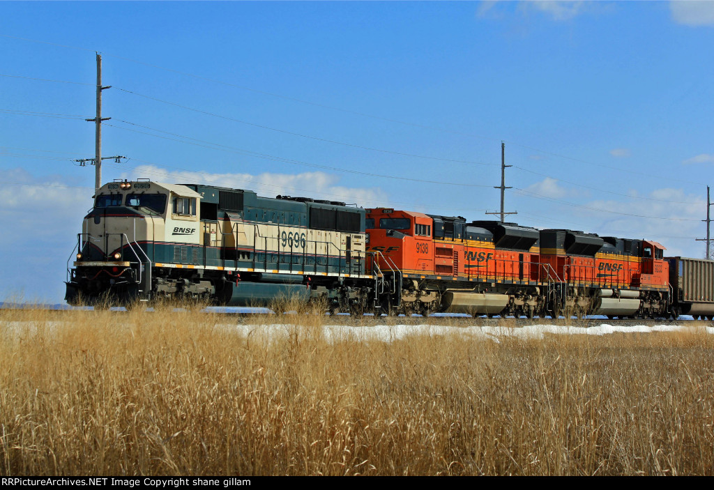 BNSF 9696 Holds the Main for a meet.